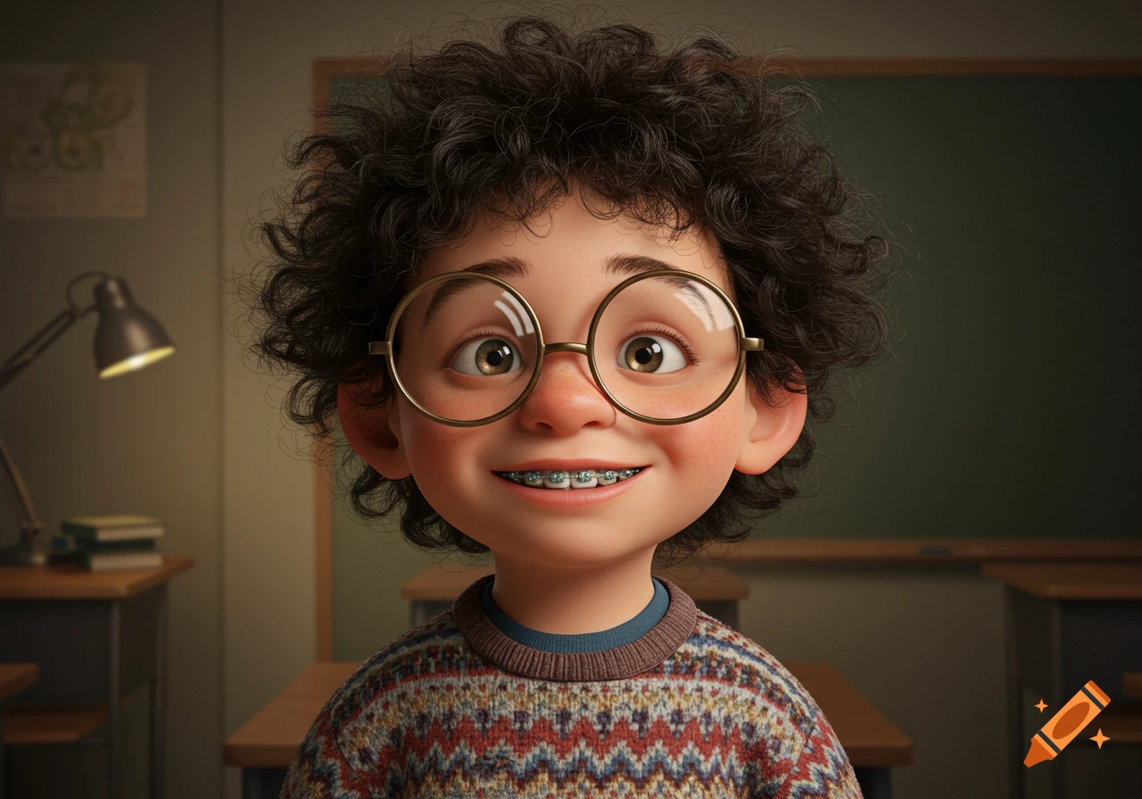 A close-up, animated portrait of a smiling boy with curly hair, round ...