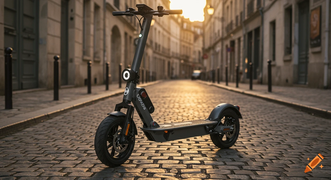 Four people stopped at a red light in a photorealistic European city ...