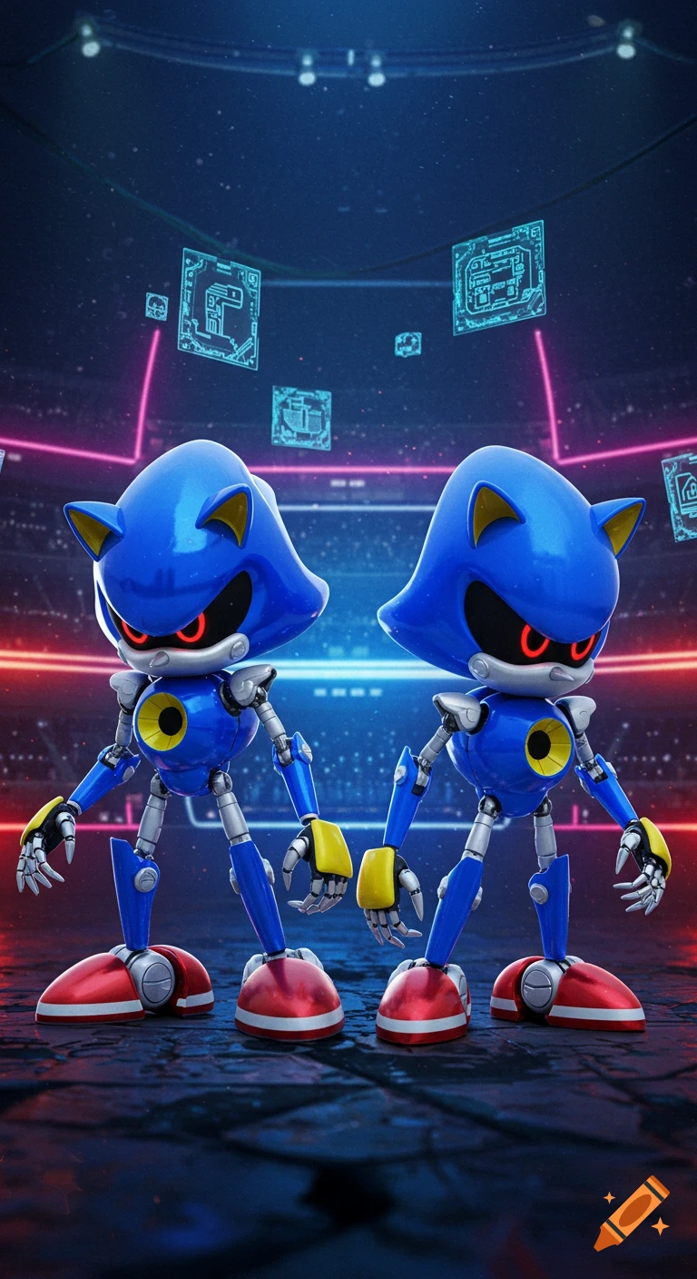 Two blue and silver Metal Sonic robots with glowing red eyes stand on a ...