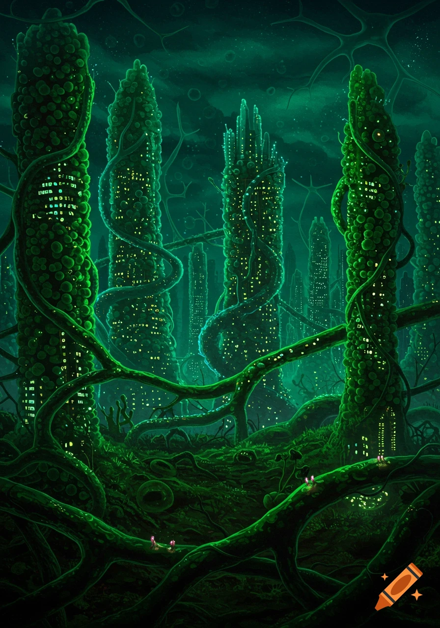 An alien-like city of glowing green cellular towers and twisting ...
