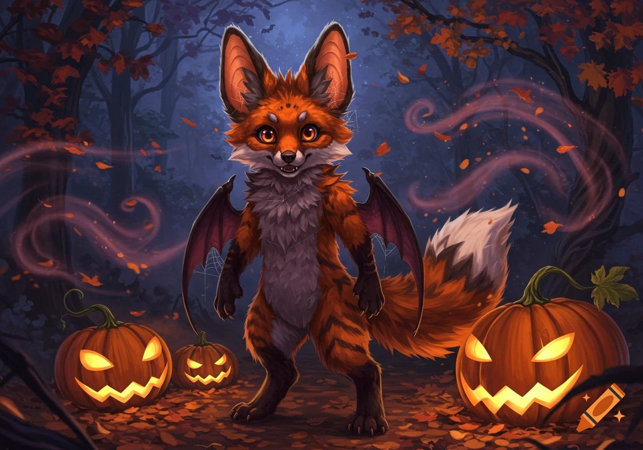 Photorealistic image of an illuminated pumpkin carved with the outline of a fox's head, glowing ...