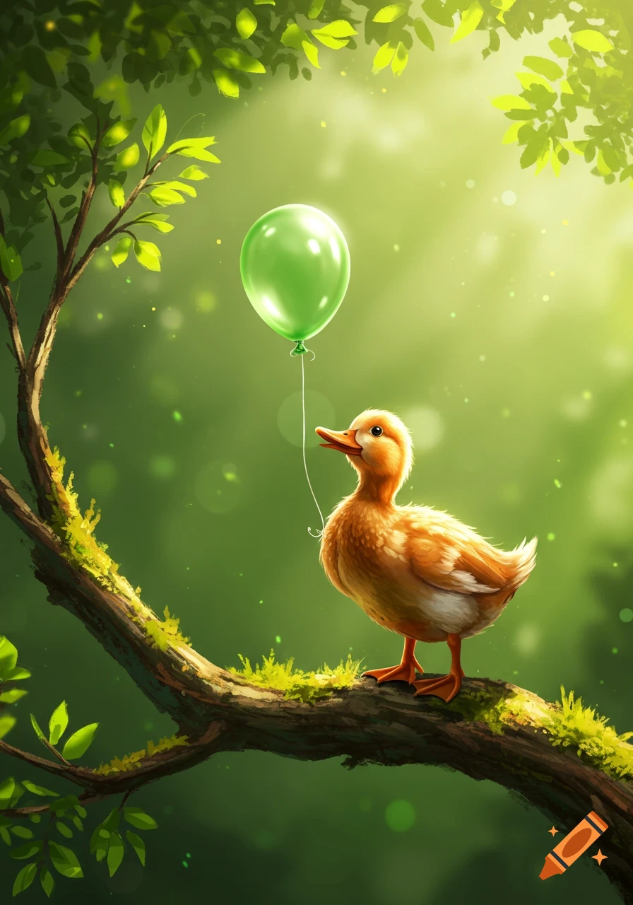 A confident cartoon duck with a red bandana stands on a wooden plank ...