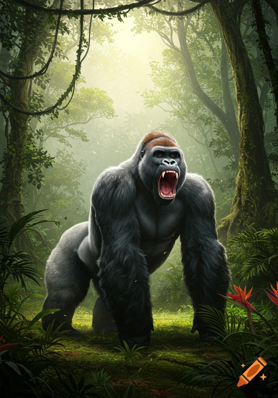 A digital illustration of a large gorilla with metal fists standing ...