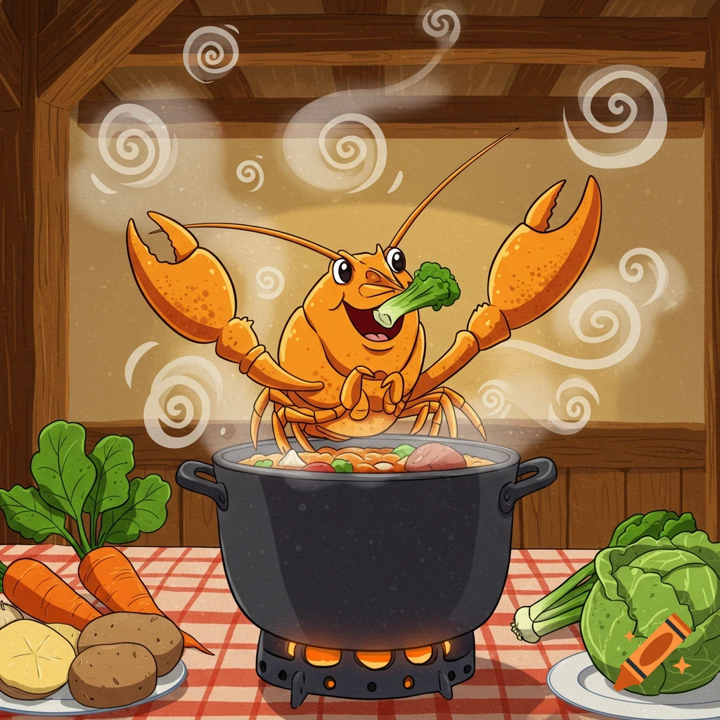 A happy cartoon golden crayfish eating broccoli while cooking a stew in ...