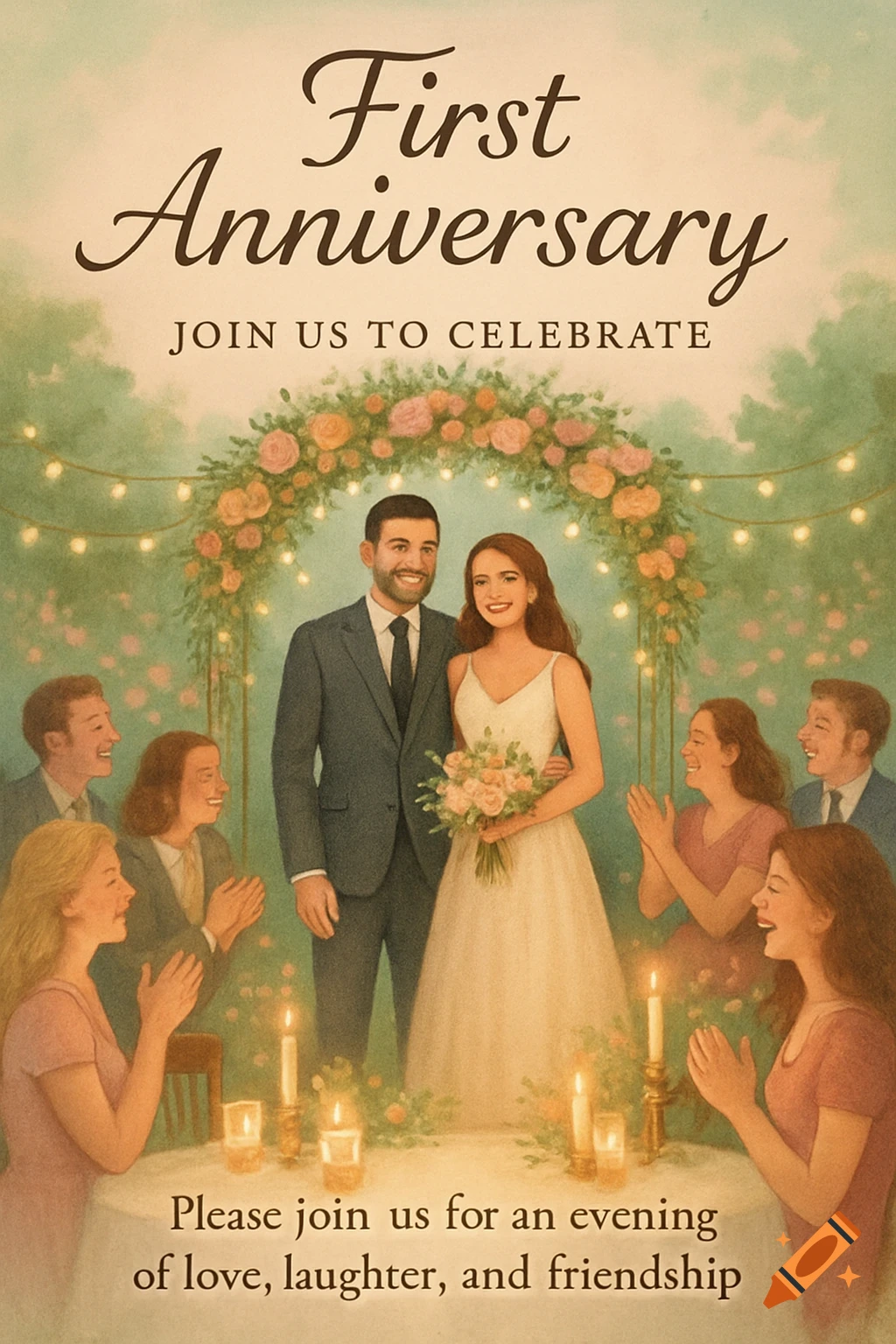 Watercolor invitation with a colorful floral border, 'Celebrate with us ...