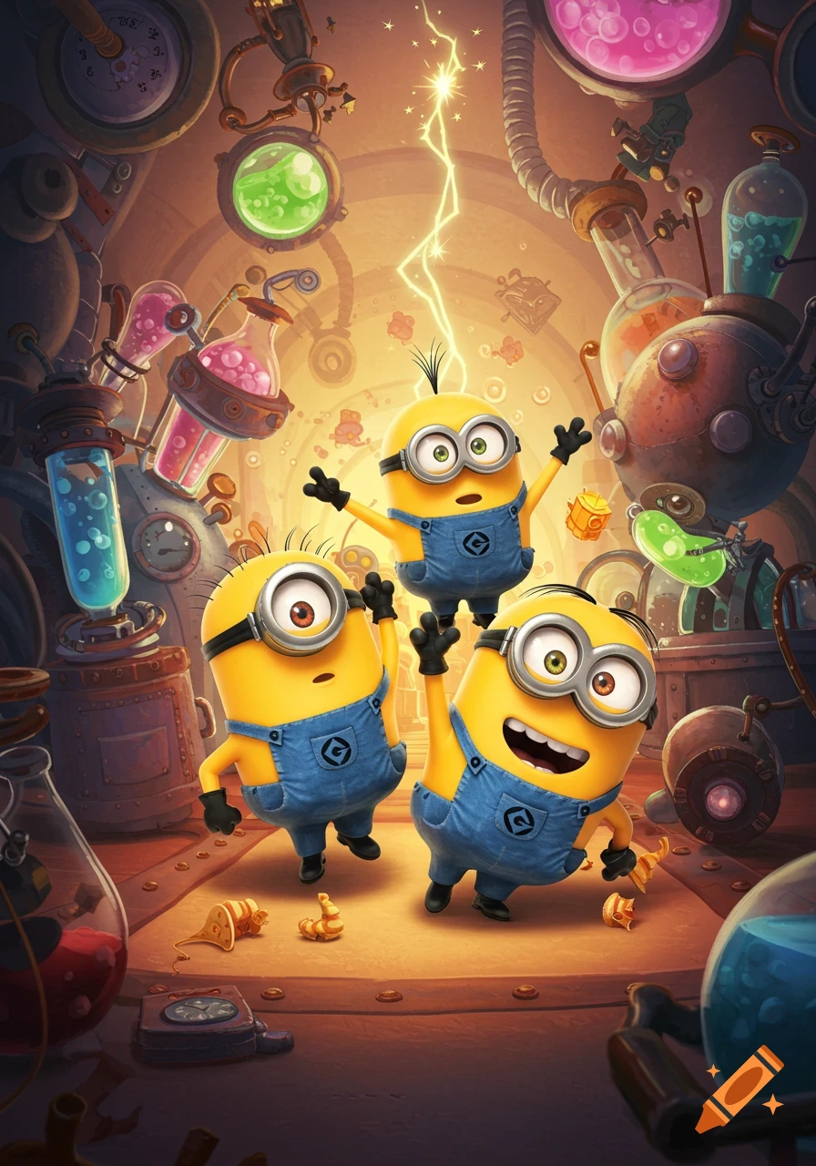 Three excited Minions in blue overalls react to lightning in a cartoon ...