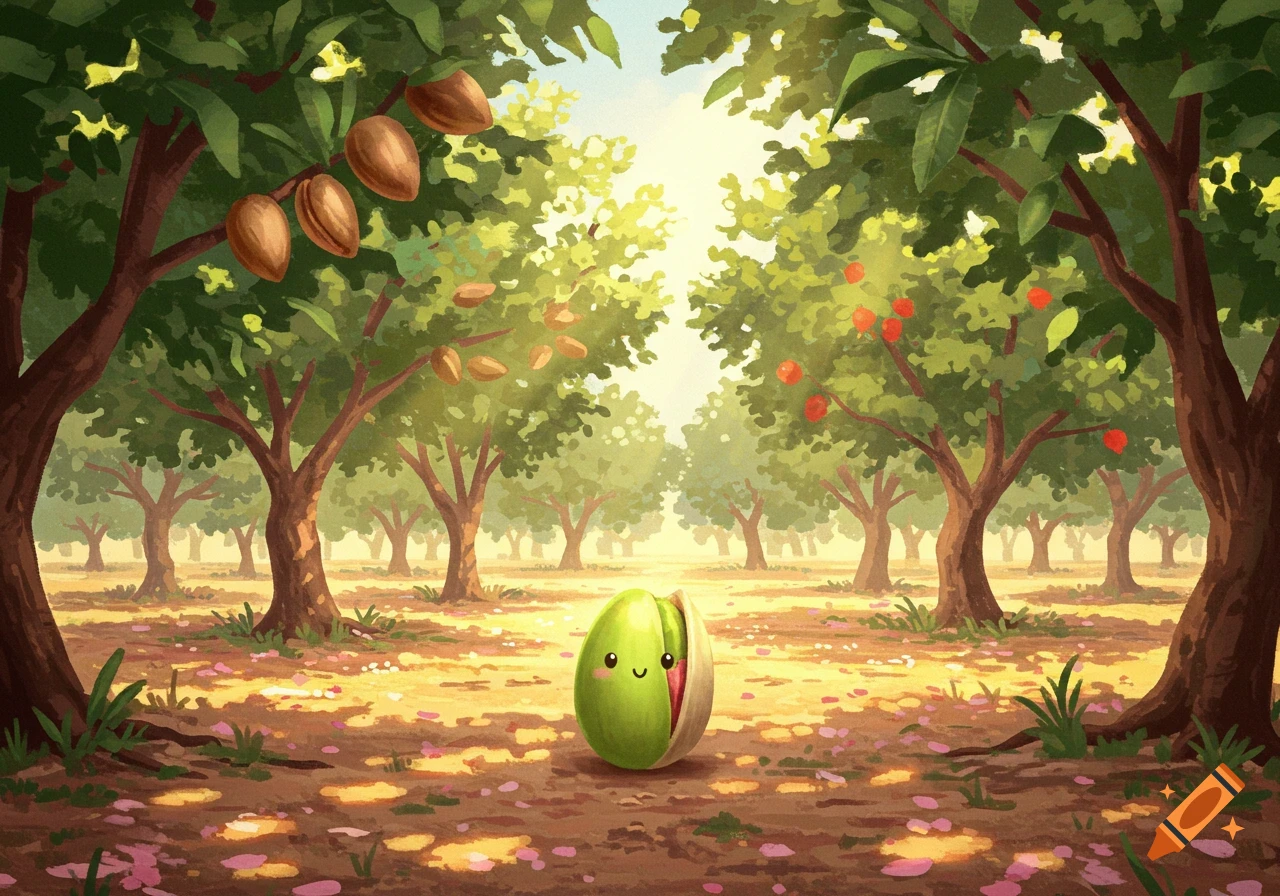 A cute, shy cartoon pistachio with a smiling face stands in a sunny ...