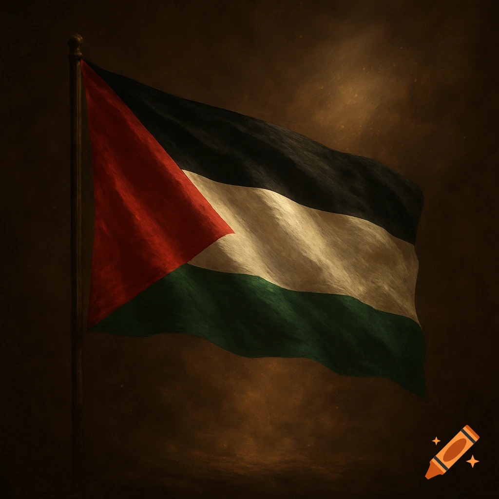 The Palestinian flag, featuring a red triangle on the hoist side and ...