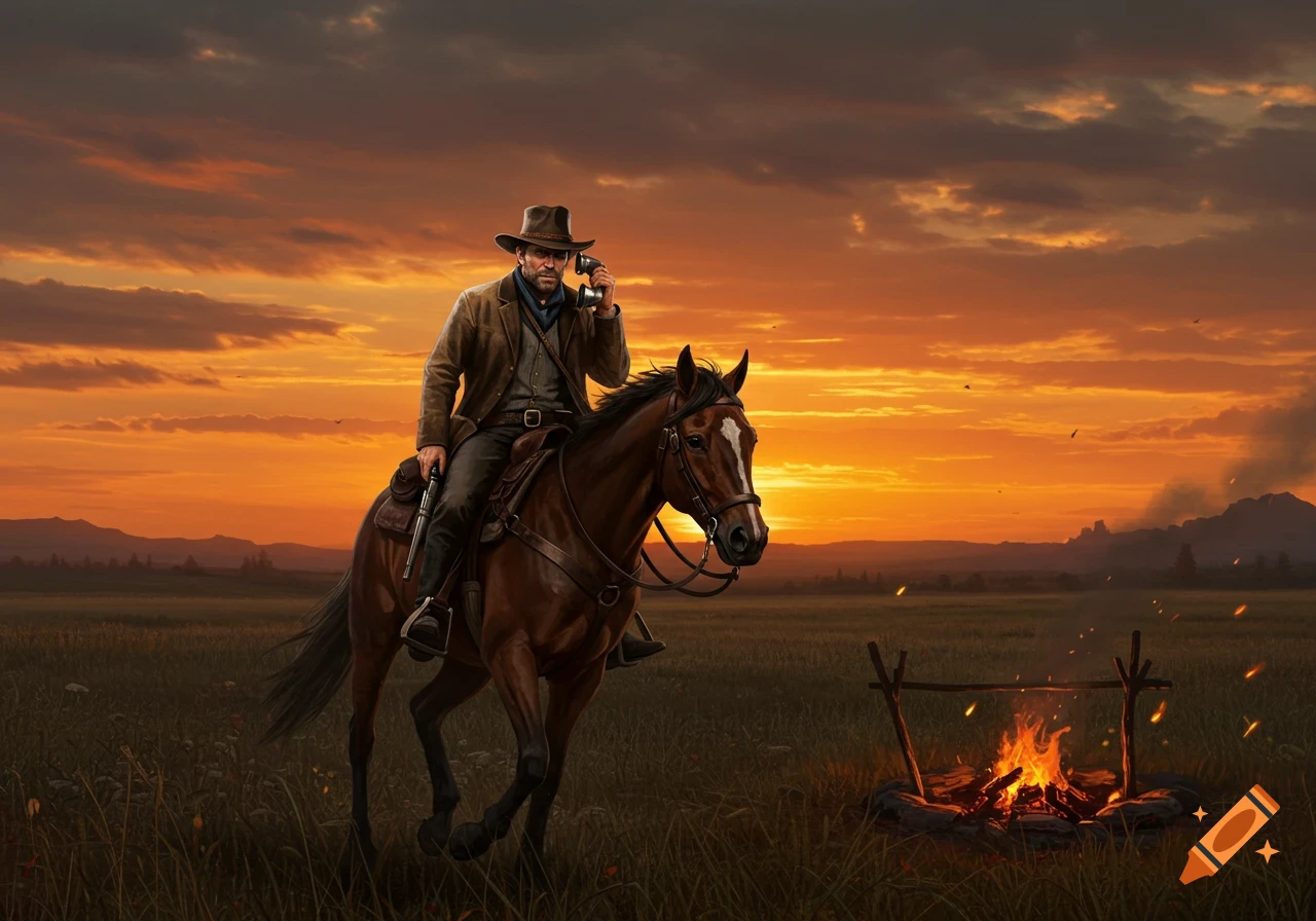 A cowboy on horseback holds a vintage phone receiver to his ear in a ...