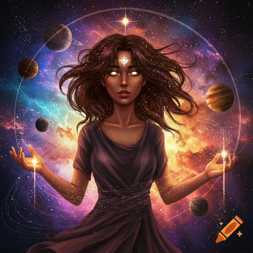 Digital art of a dark-skinned woman with glowing eyes and hands ...