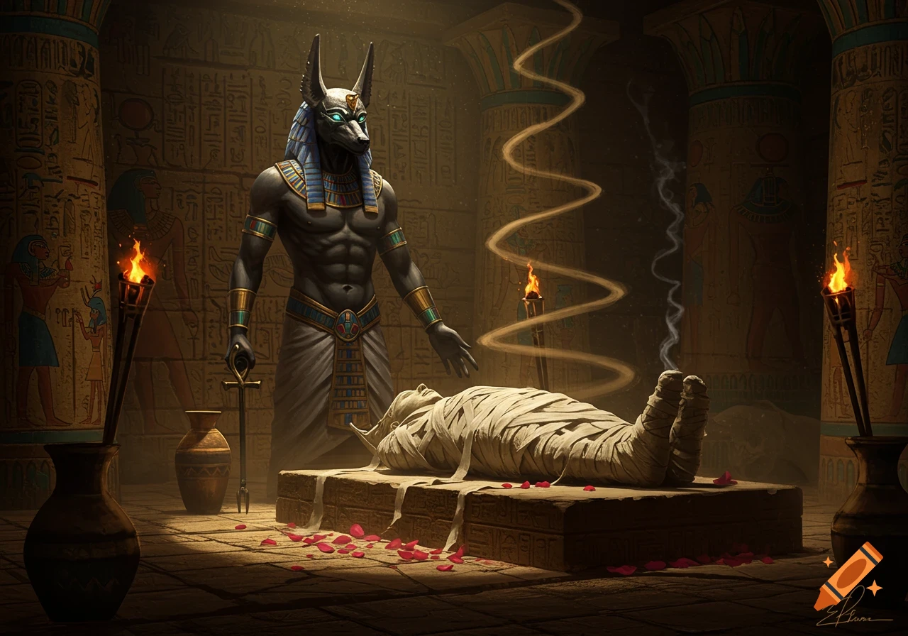 A majestic wasp wearing a golden pharaoh's headdress sits on an ...