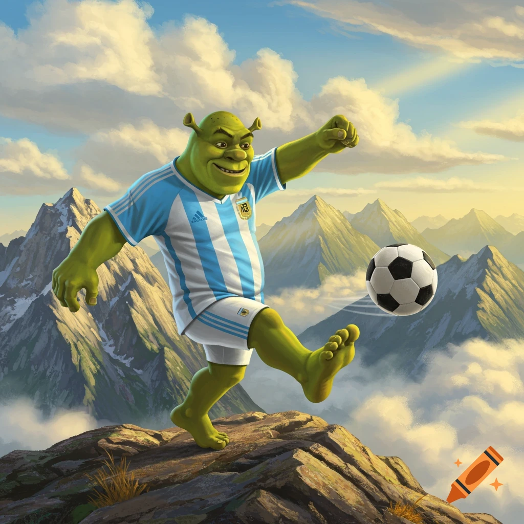 Shrek, wearing an Argentina football jersey, kicks a soccer ball on a ...