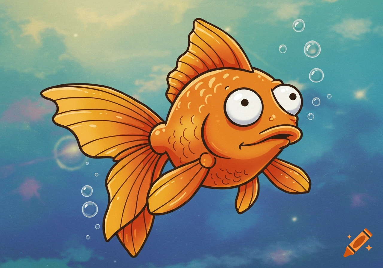 A brightly colored cartoon goldfish with large eyes and fins swims in ...