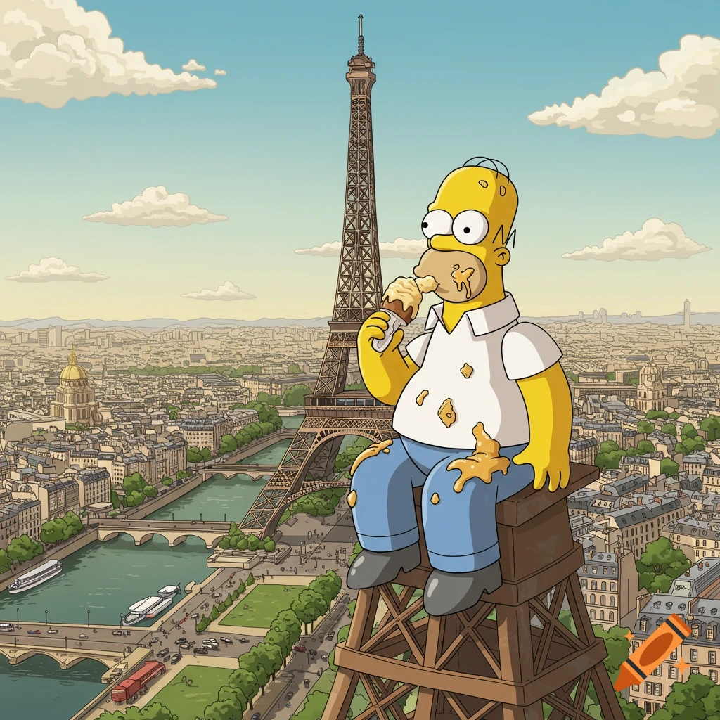 Cartoon Homer Simpson sitting on the Eiffel Tower, messily eating a ...
