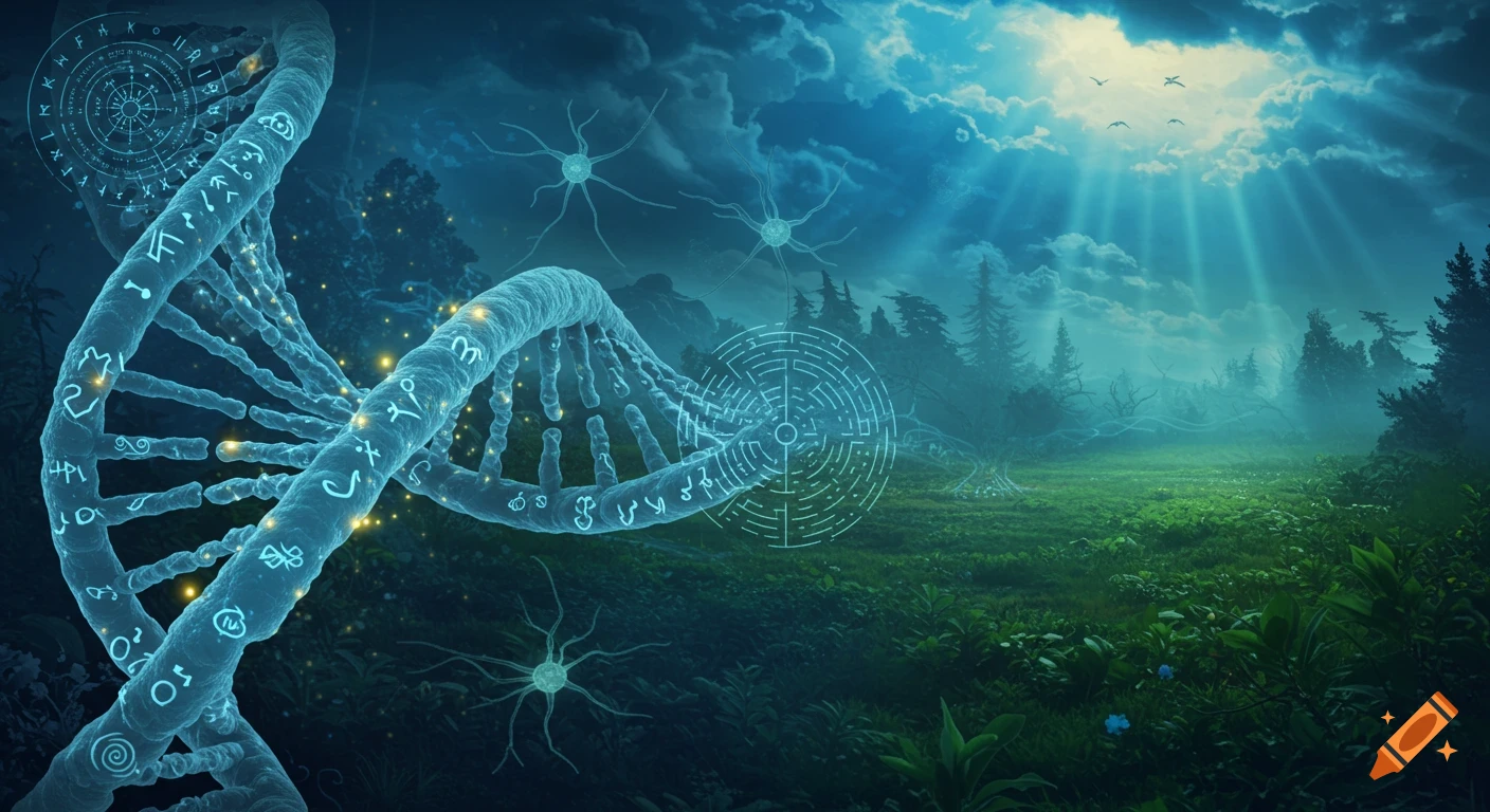 Stylized runner in a glowing digital environment with a DNA helix and ...