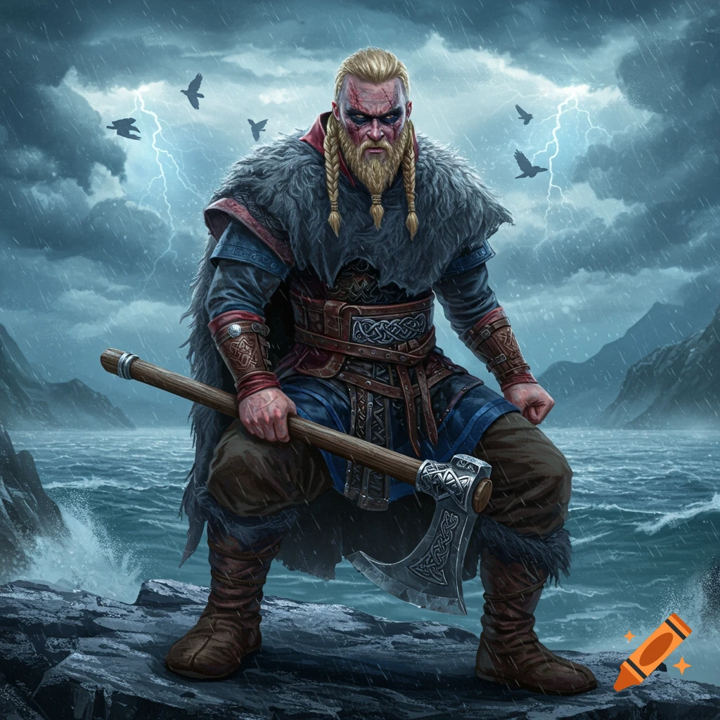 A powerful warrior in gleaming silver armor and helmet, with blue eyes ...