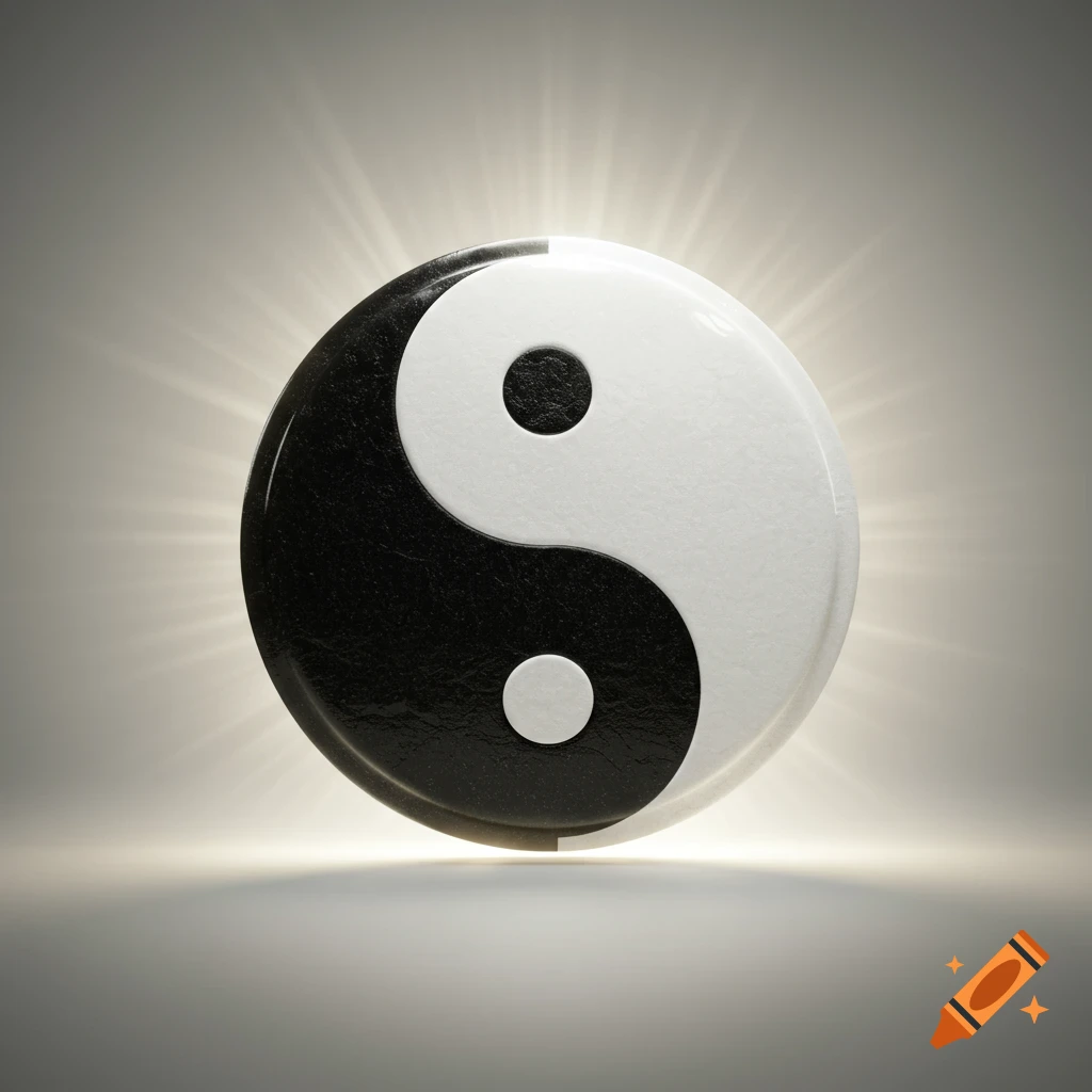 A stylized Yin Yang symbol, dark green with fern patterns and black ...