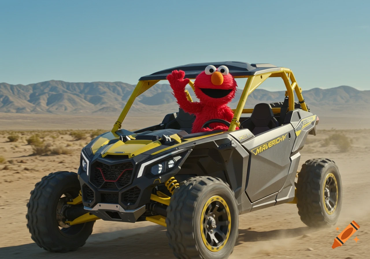 Elmo, a red furry monster, waves from the driver's seat of a black and ...