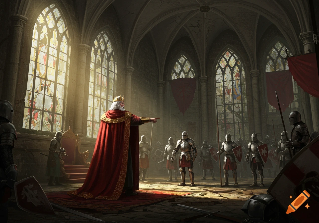 An old king in a red robe and crown points, giving orders to armored ...
