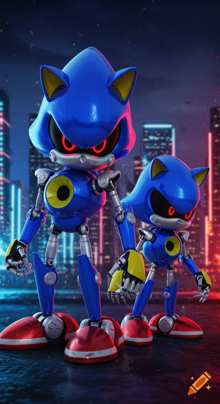 Two blue and silver Metal Sonic robots with glowing red eyes stand on a ...