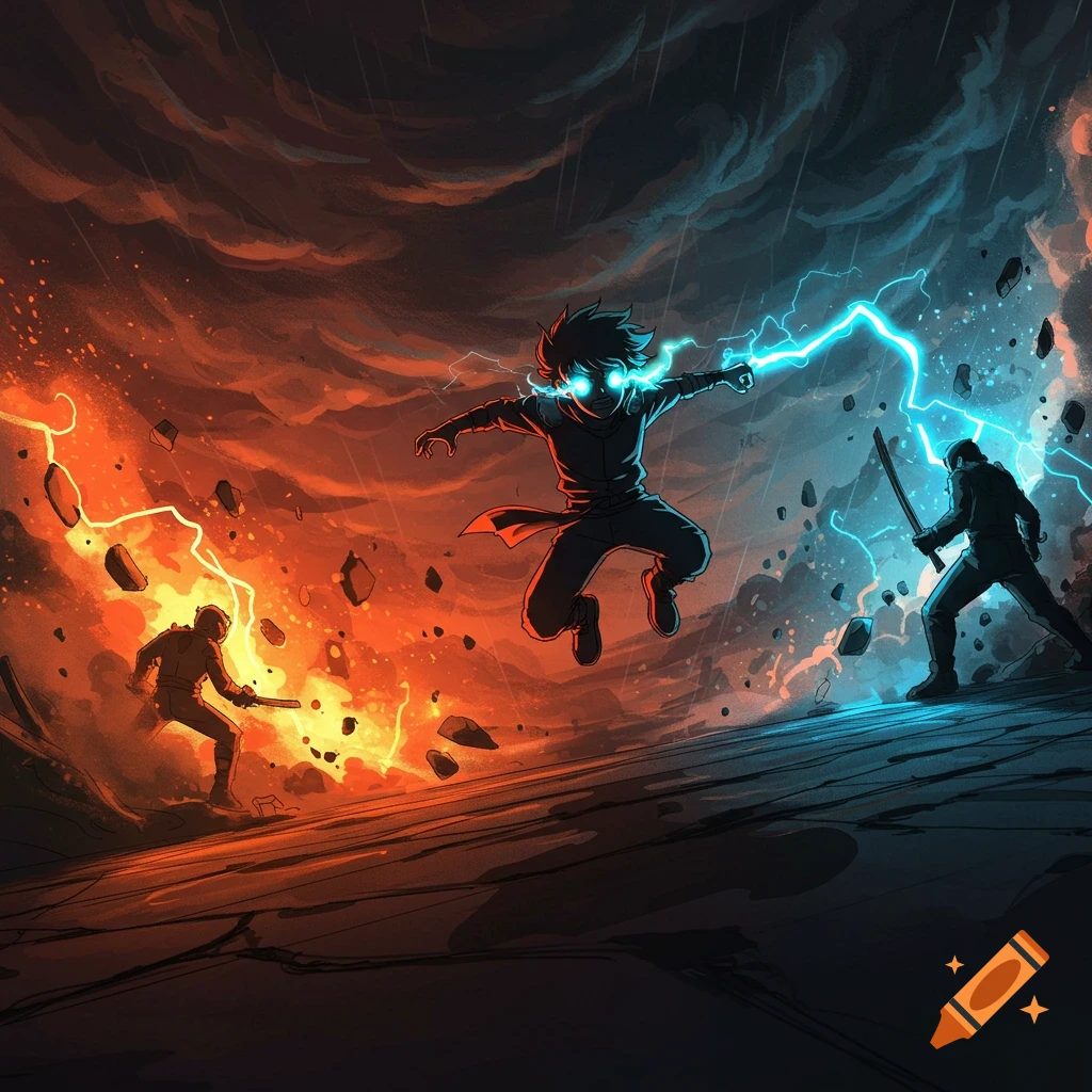 Anime-style illustration of a dynamic battle with a central figure ...