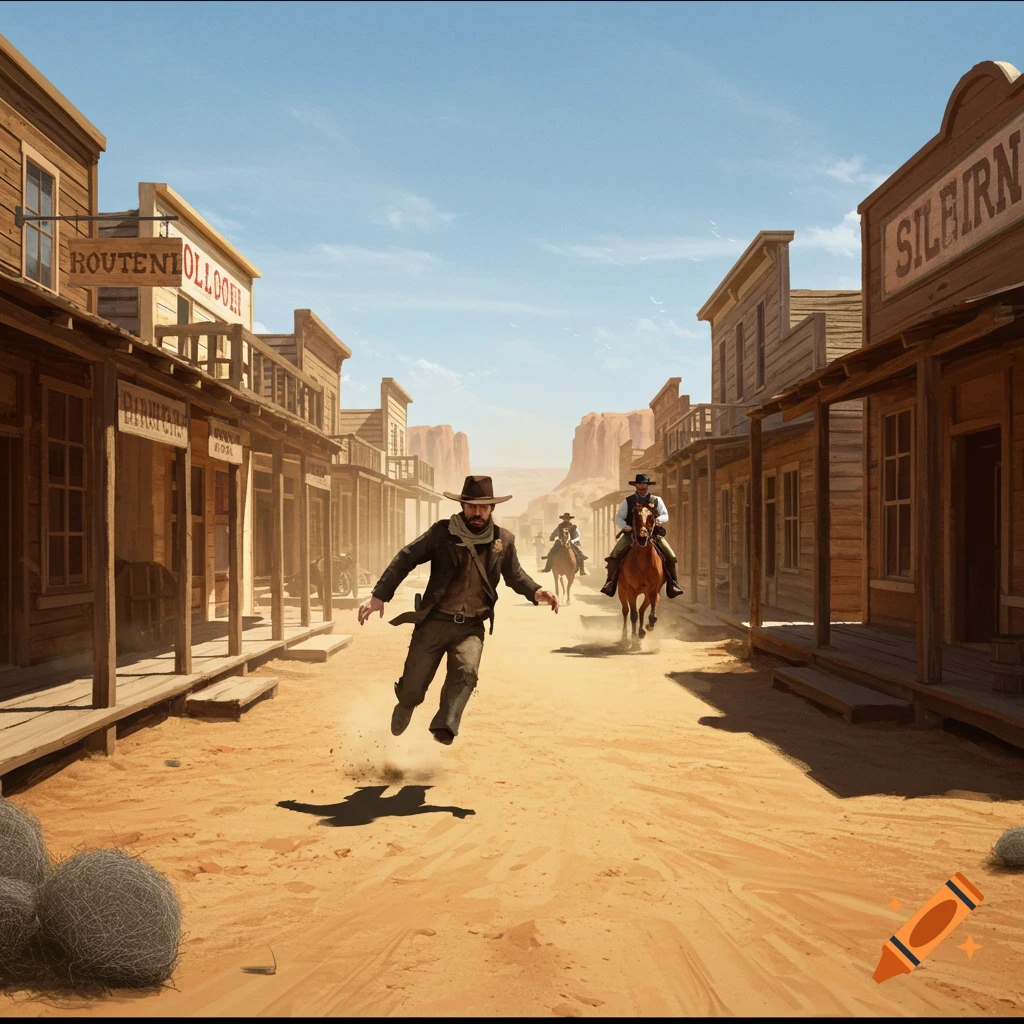A cartoon cowboy with a gun faces a diverse crowd in a Toca Life style ...