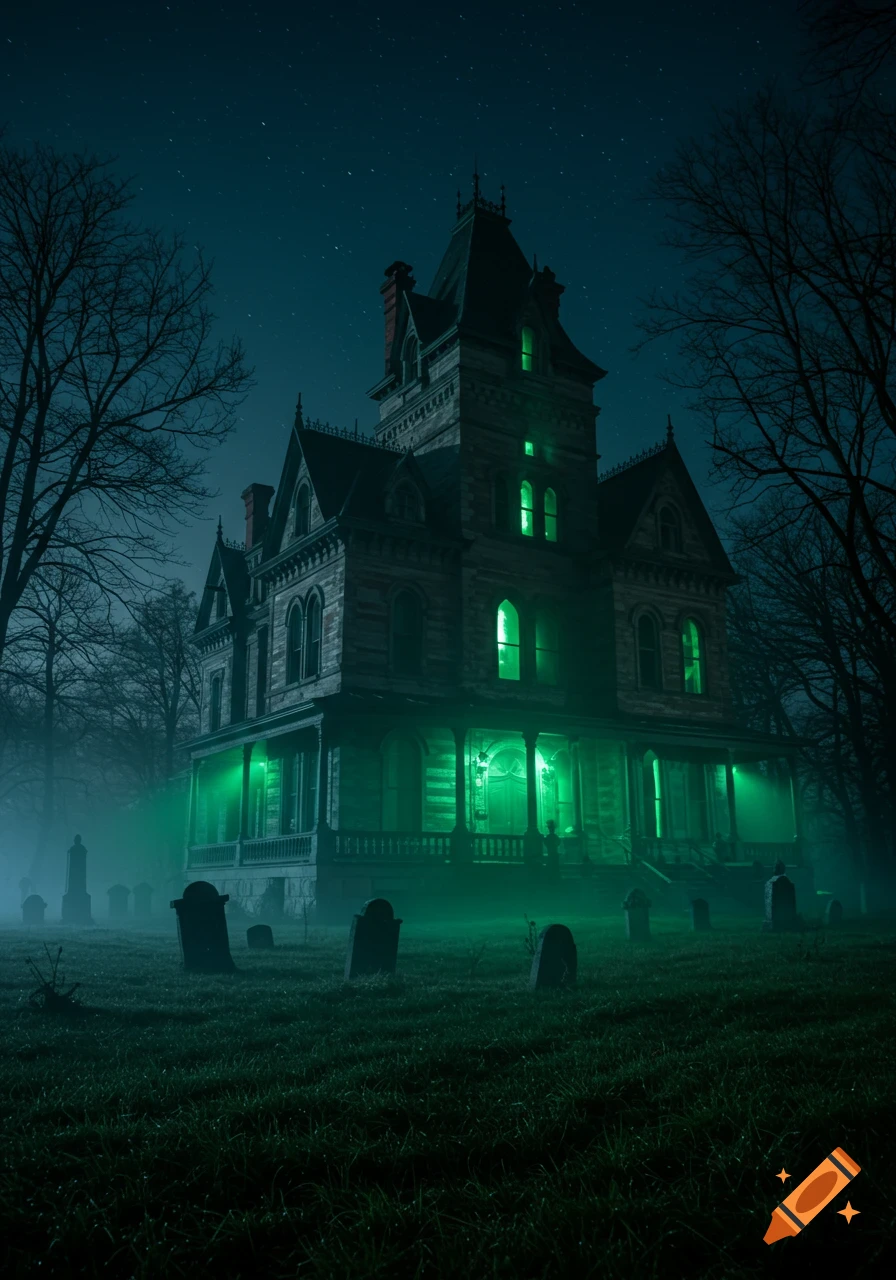 A spooky, old mansion with glowing green windows, surrounded by ...