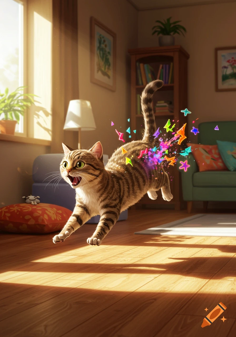 A cartoon tabby cat with big green eyes jumps mid-air in a sunlit ...