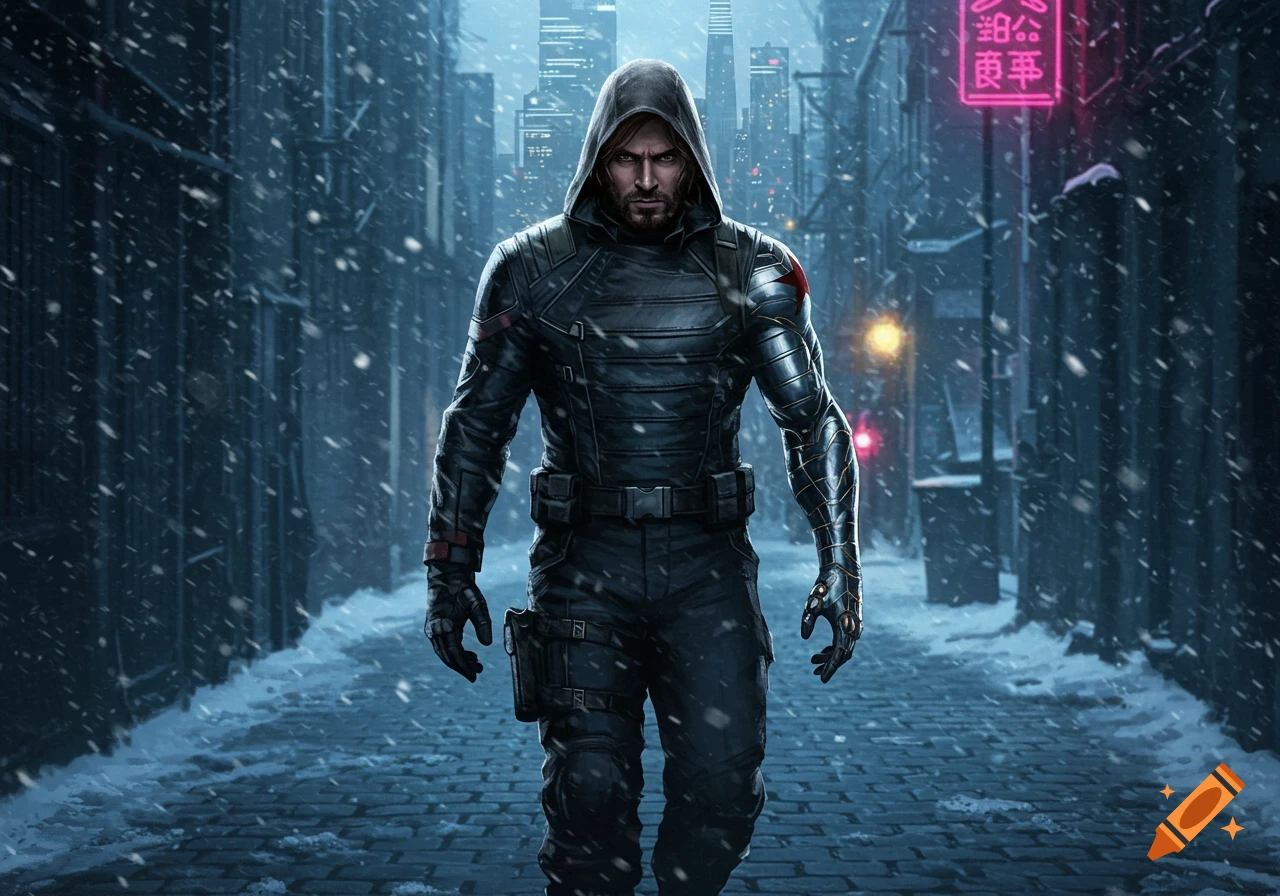 A hooded man resembling the Winter Soldier in a dark tactical suit and bionic arm walks through ...