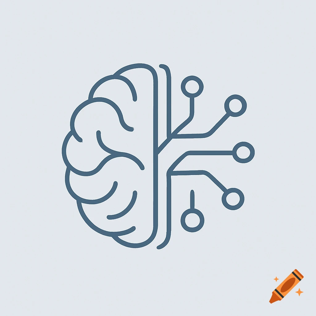 Minimalist blue line art icon of a brain merging with a circuit board ...