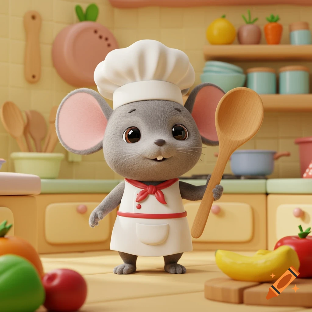 A cute anthropomorphic mouse chef wearing a white toque and apron ...