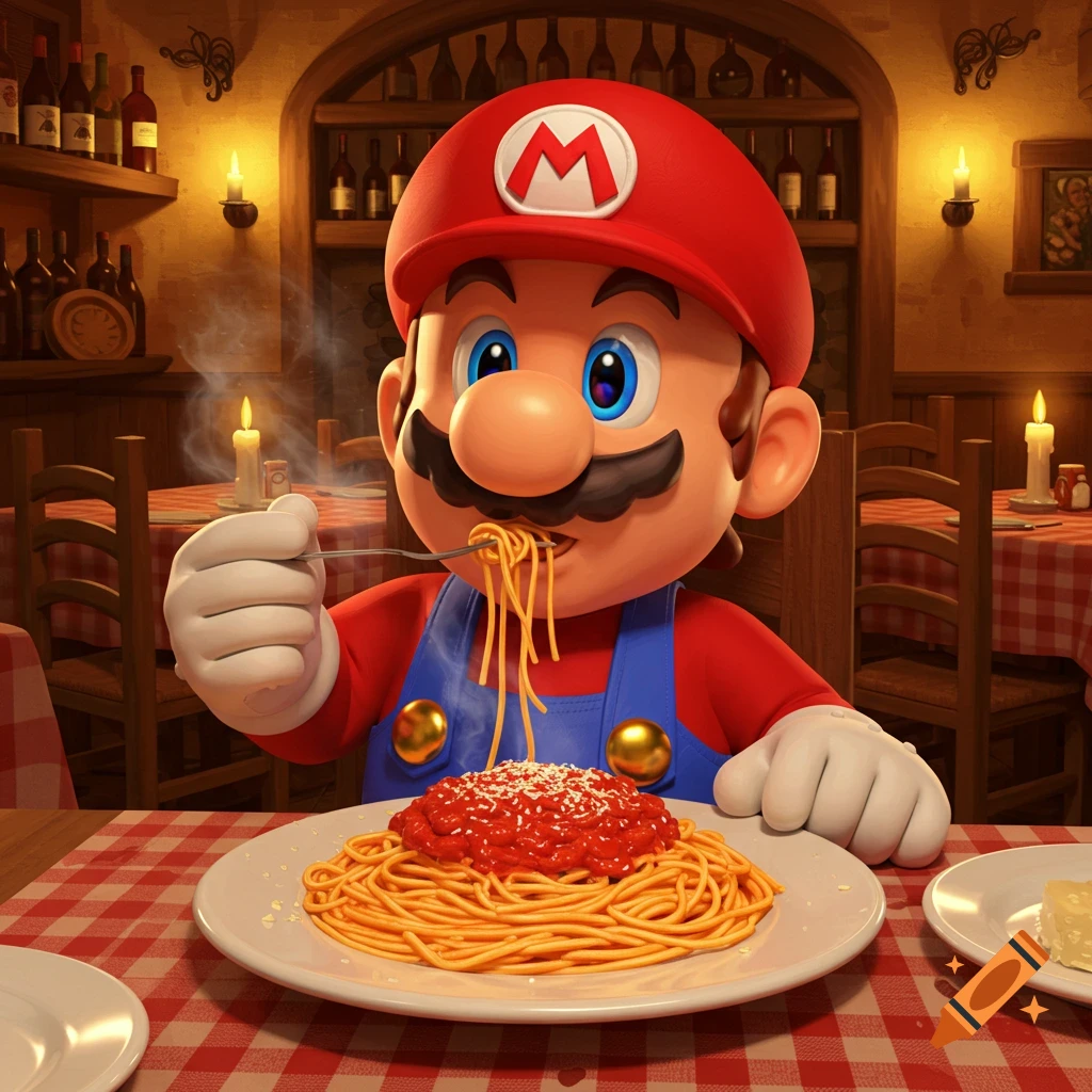 Mario happily eating spaghetti with a fork in a cozy Italian restaurant ...