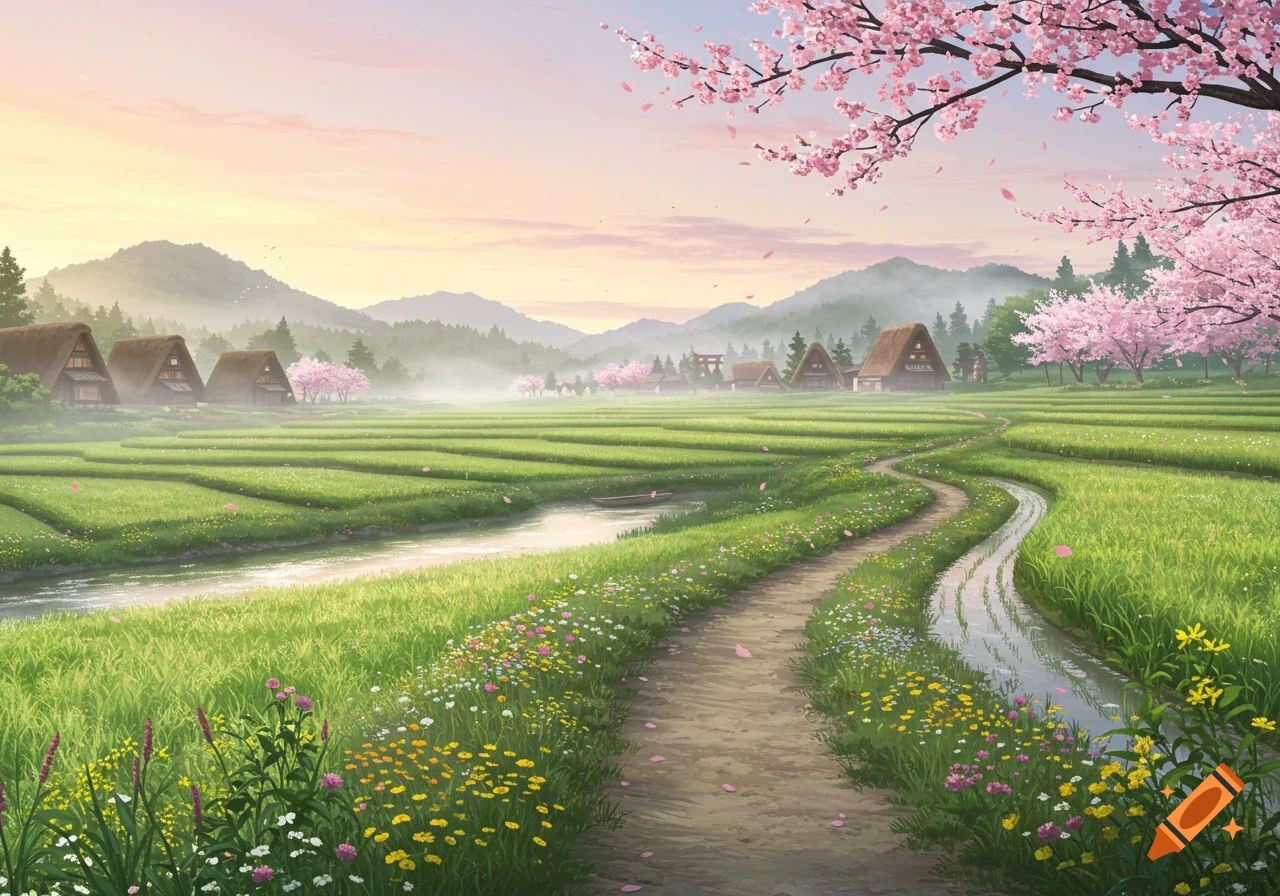 A stylized landscape featuring a farmer by a thatched hut, surrounded ...