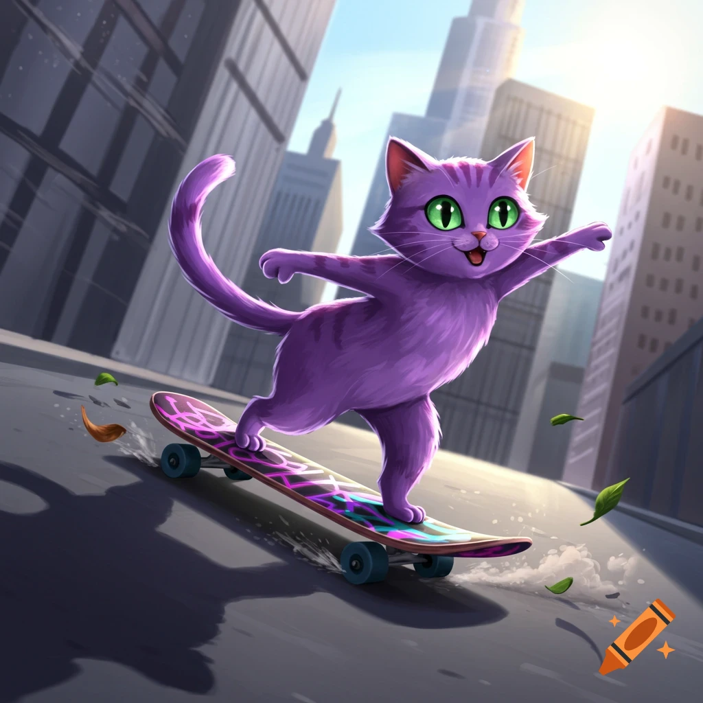 A skinny, cartoon cat wearing a cap and trainers rides a motocross bike ...