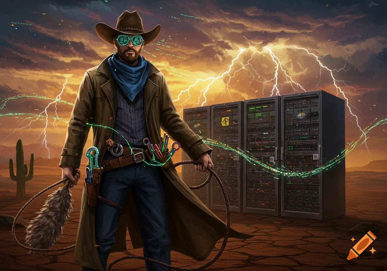 A cyber-cowboy in a duster coat and glowing green glasses holds a whip ...