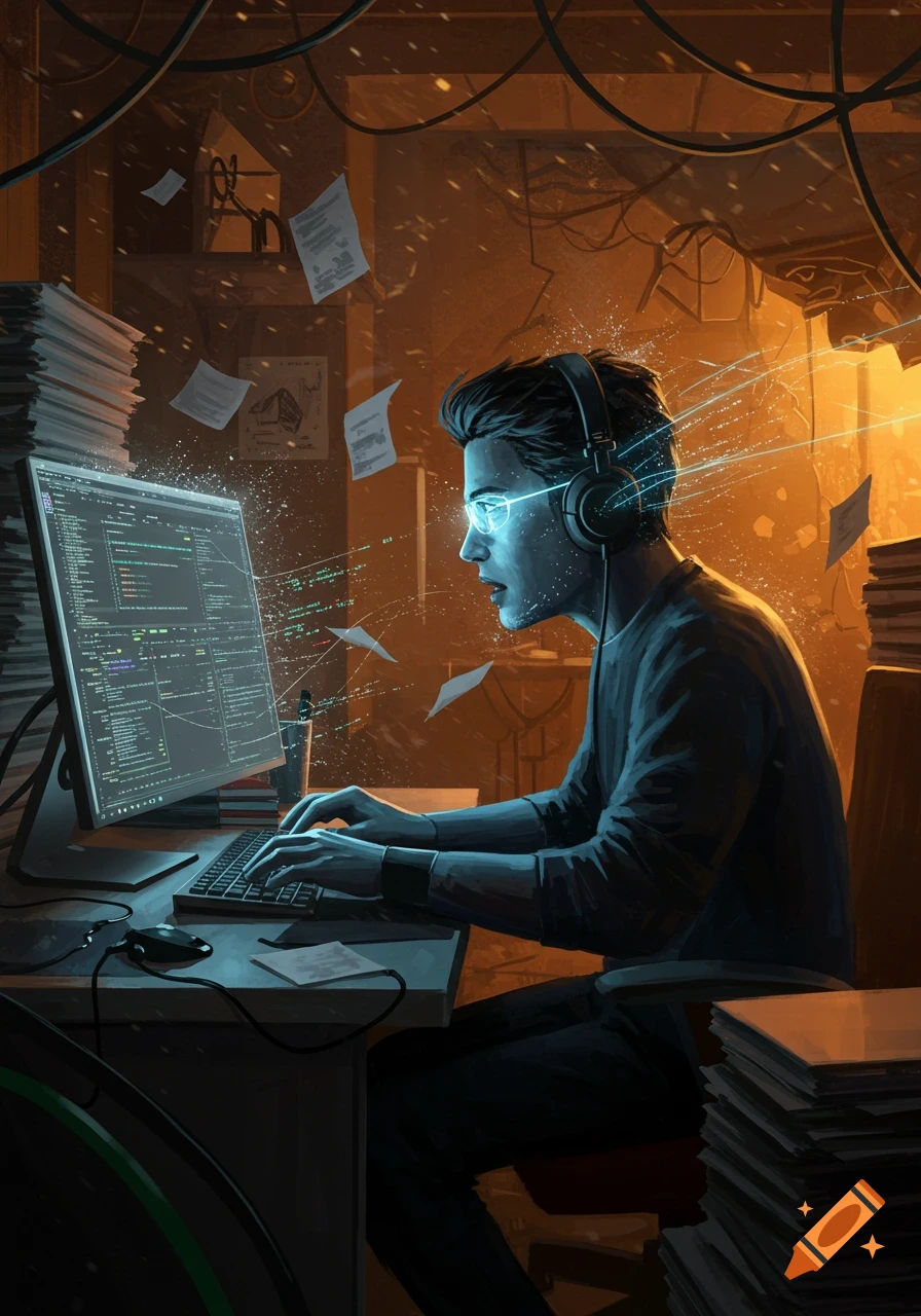 An excited cartoon boy with headphones gaming at a computer, surrounded ...