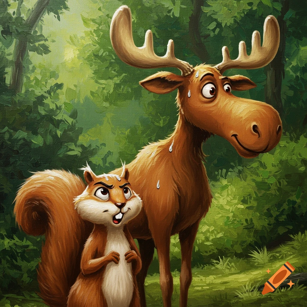 Cartoon moose and squirrel sweating nervously in a lush green forest ...