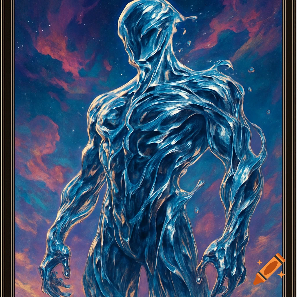A muscular, humanoid figure made of shimmering blue liquid glass stands ...