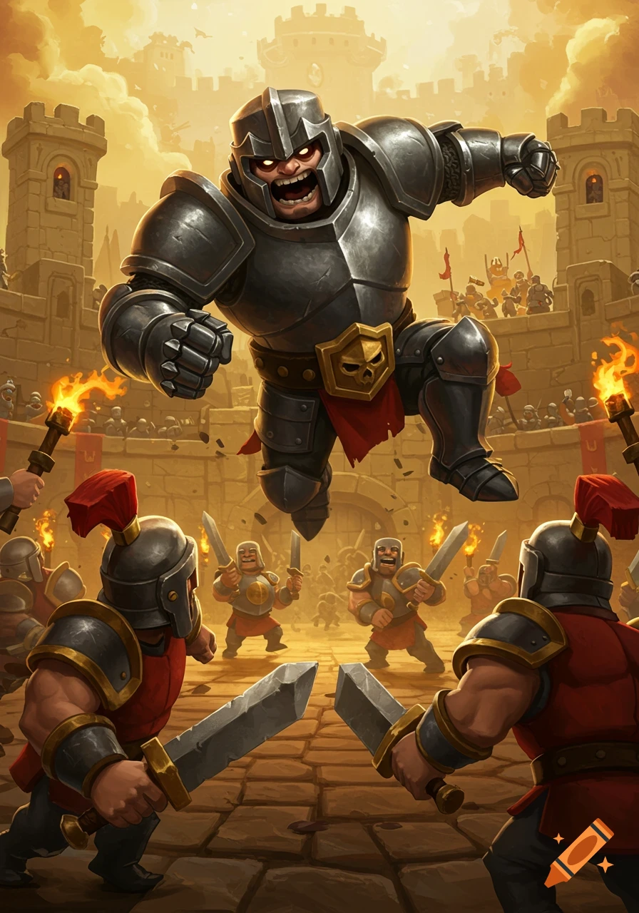 A cartoonish knight in full armor and a red plume, holding a sword with ...