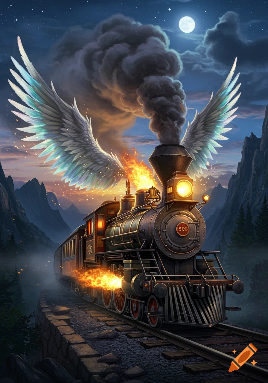 A majestic steam locomotive with large glowing wings and flames ...