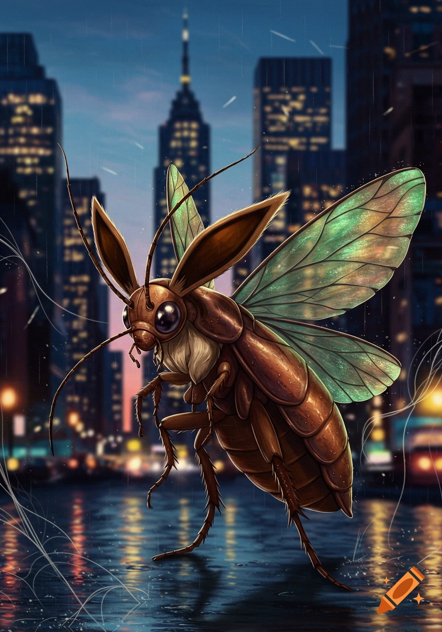 A large, brown, insect-like creature with big ears and iridescent green ...