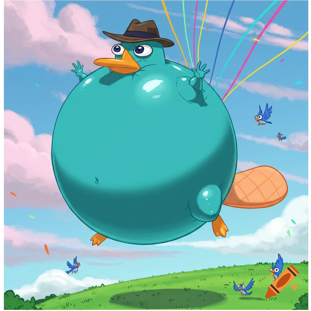 A giant, balloon-like Perry the Platypus floats above a green hill ...