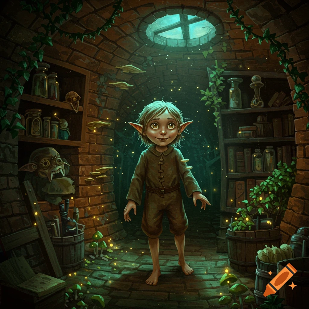 A thin, old, cartoon elf with large ears and a leaf outfit holding a ...