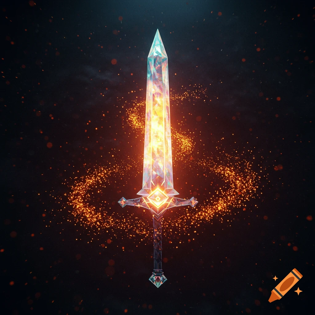 A glowing, multifaceted crystalline sword stands upright in a dark void ...