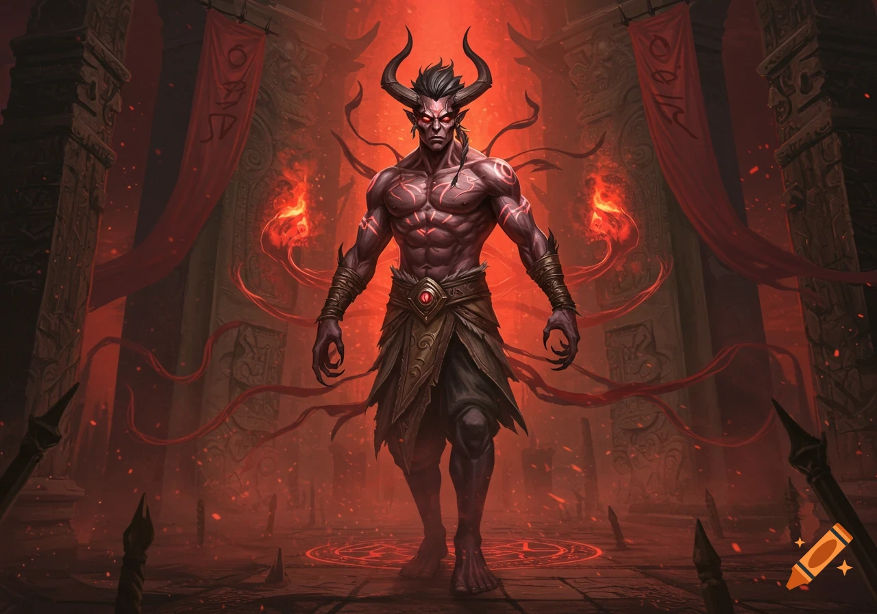 A muscular, horned demon with wings stands against a fiery background ...