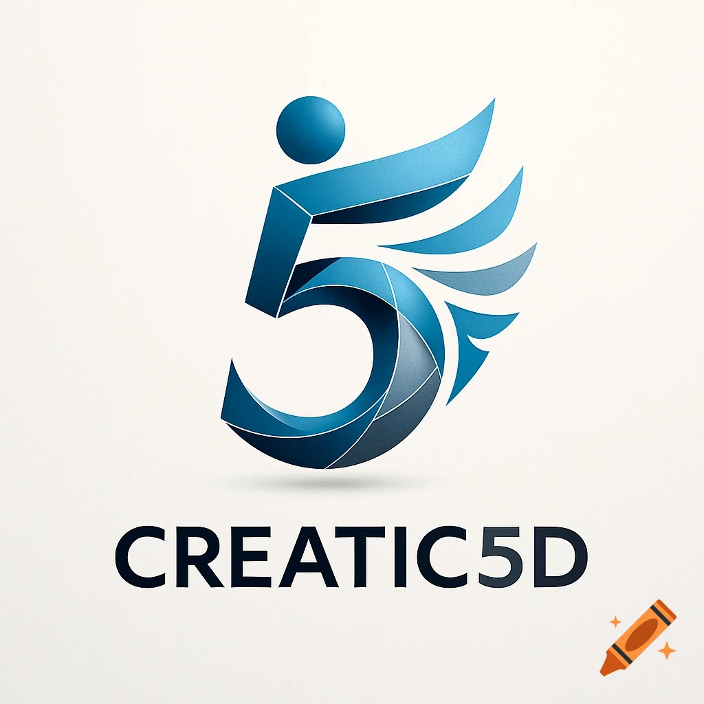 A blue and grey stylized number 5 logo with abstract wing-like elements ...