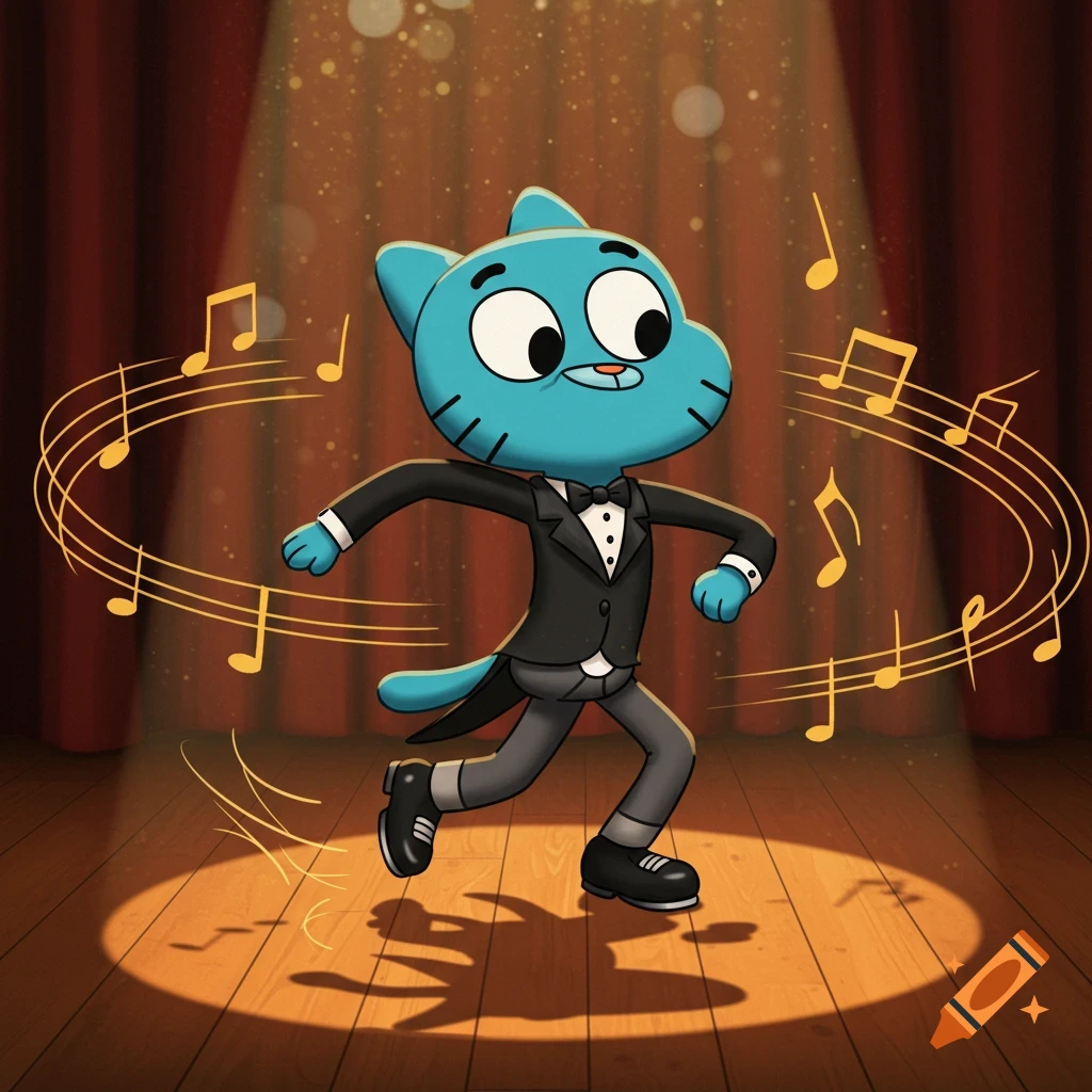 Gumball Watterson, a blue cat, tap dances on a wooden stage with ...