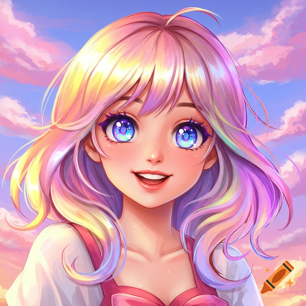 A vibrant anime girl with pastel rainbow hair and sparkling blue eyes ...
