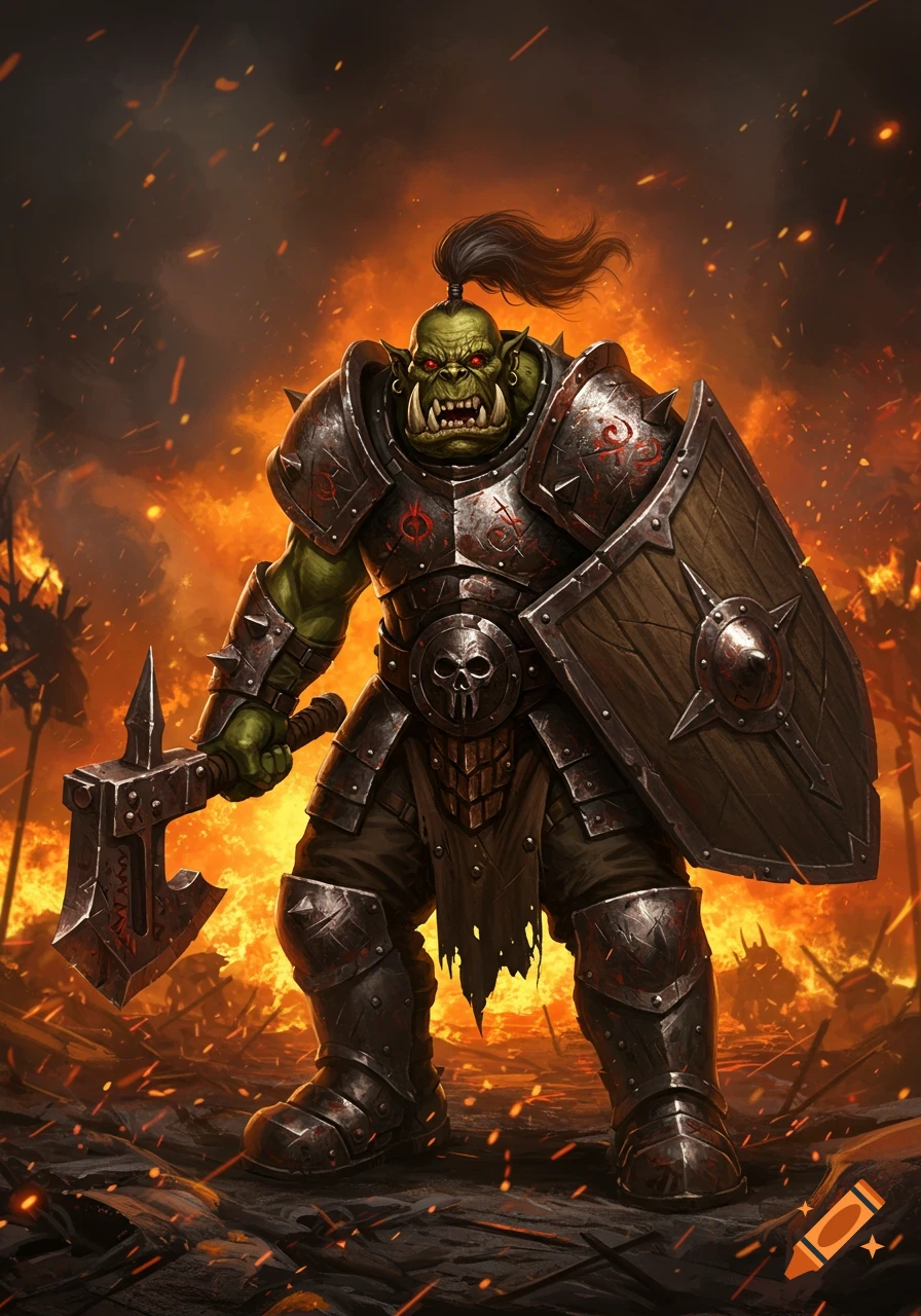 A fierce green-skinned orc warrior in dark armor with red markings ...