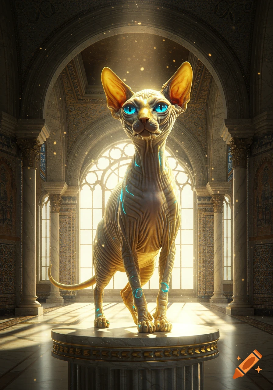 A majestic black cat with golden stripes and glowing eyes stands in a ...